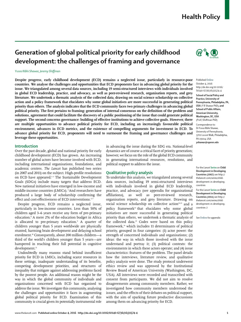 Generation of Global Political Priority For Early Childhood Development ...