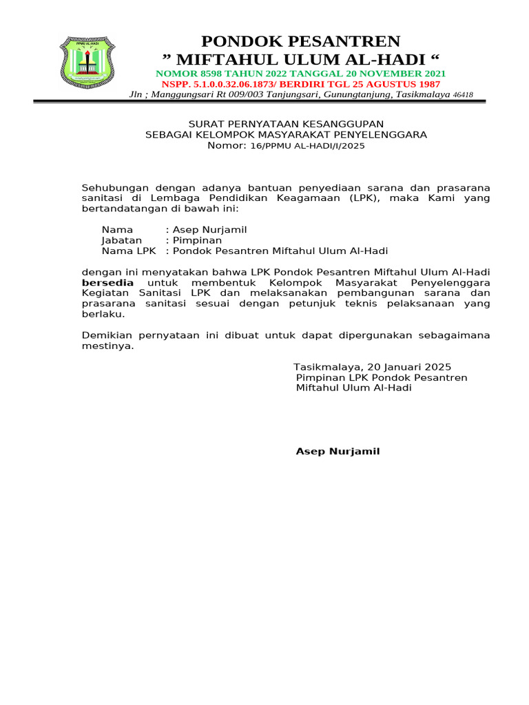 Format-4D Surat Pernyataan Kesanggupan Sebagai KMP Sanitasi LPK | PDF