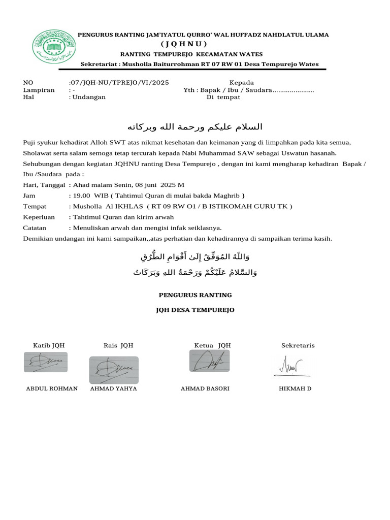 Undangan Tahtimul Quran JQHNU Tempurejo | PDF
