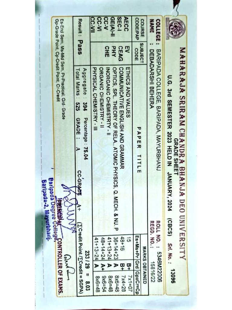 +3 3rd Sem Mark Sheet | PDF