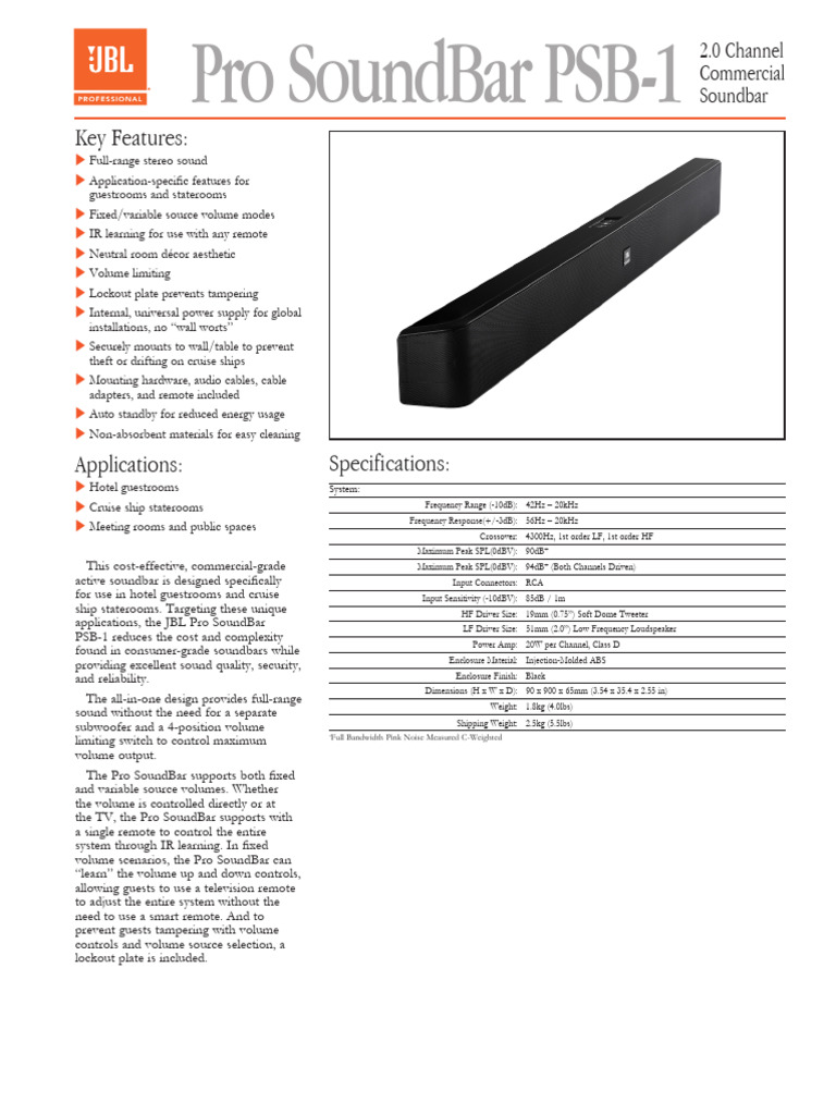 JBL ProSoundBar SpecSheet 012018 | PDF | Sound | Electronic Engineering