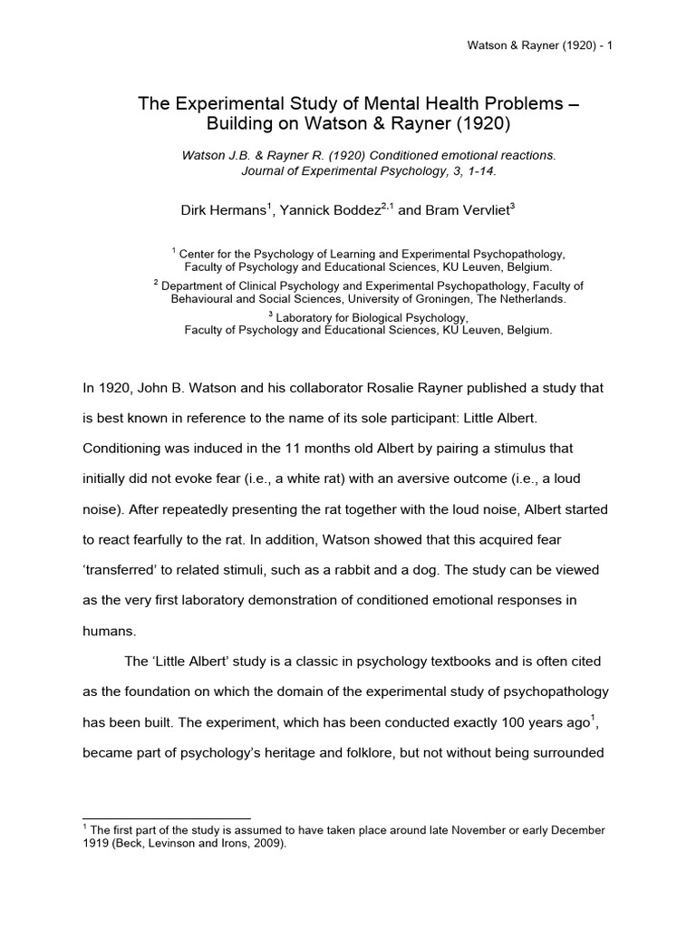 Watson & Rayner's 1920 Emotional Conditioning | PDF | Psychology ...