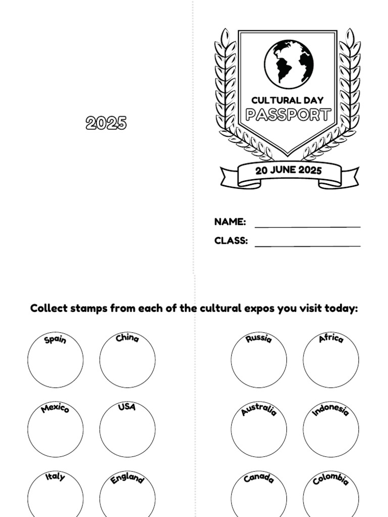 Black White Cultural Day Student Passport Stamps Worksheet | PDF