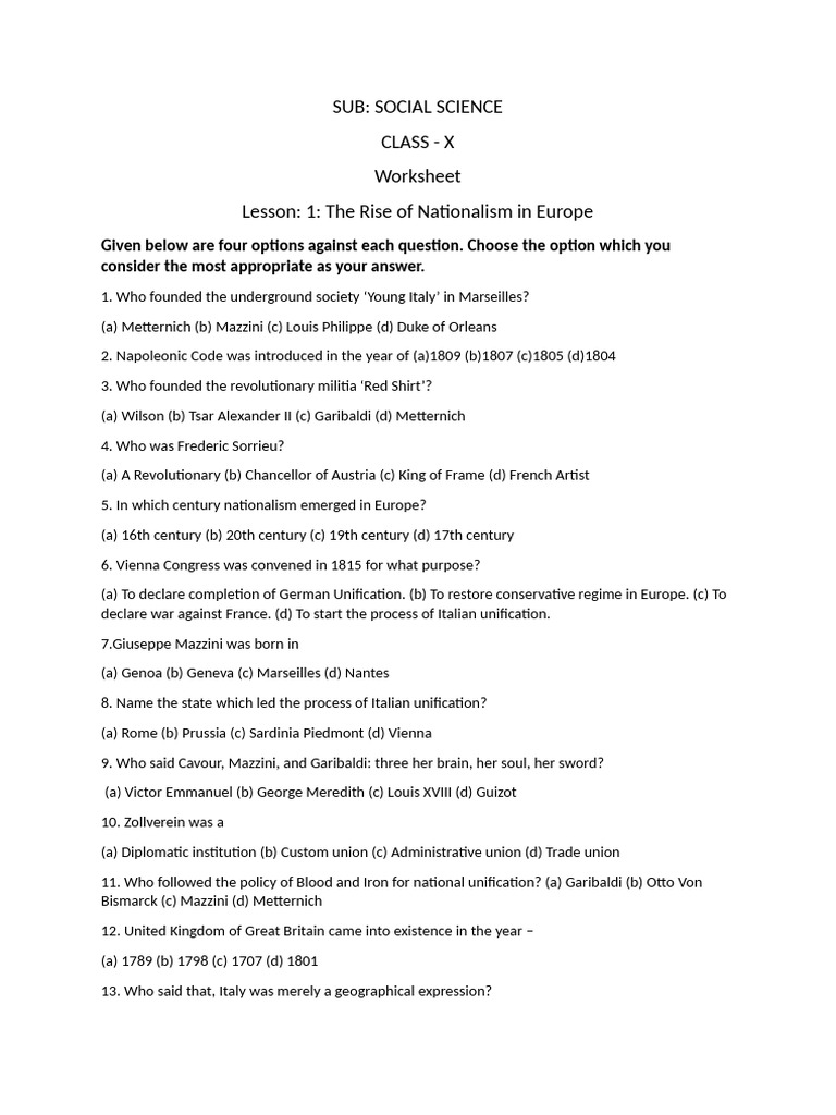 10th History Worksheet Ch-1 | PDF | Political Science