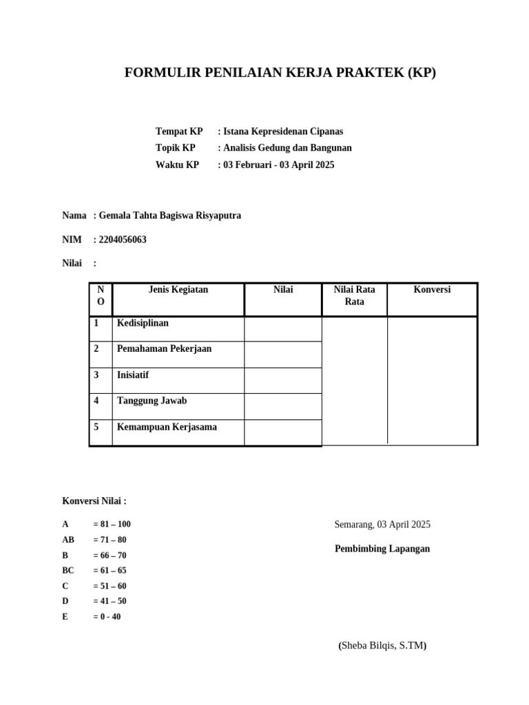 5. Formulir Penilaian Kerja Praktek.. | PDF