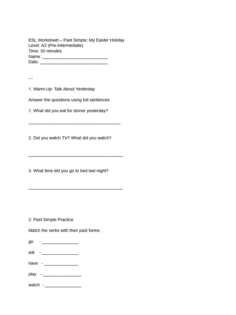 ESL Past Simple Worksheet: Easter Holiday | PDF