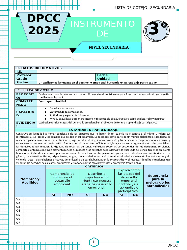2 Cotejo Sem 1 Uni 3 - DPCC 2025 - 3ºgrado | PDF | Las emociones | Aprendizaje