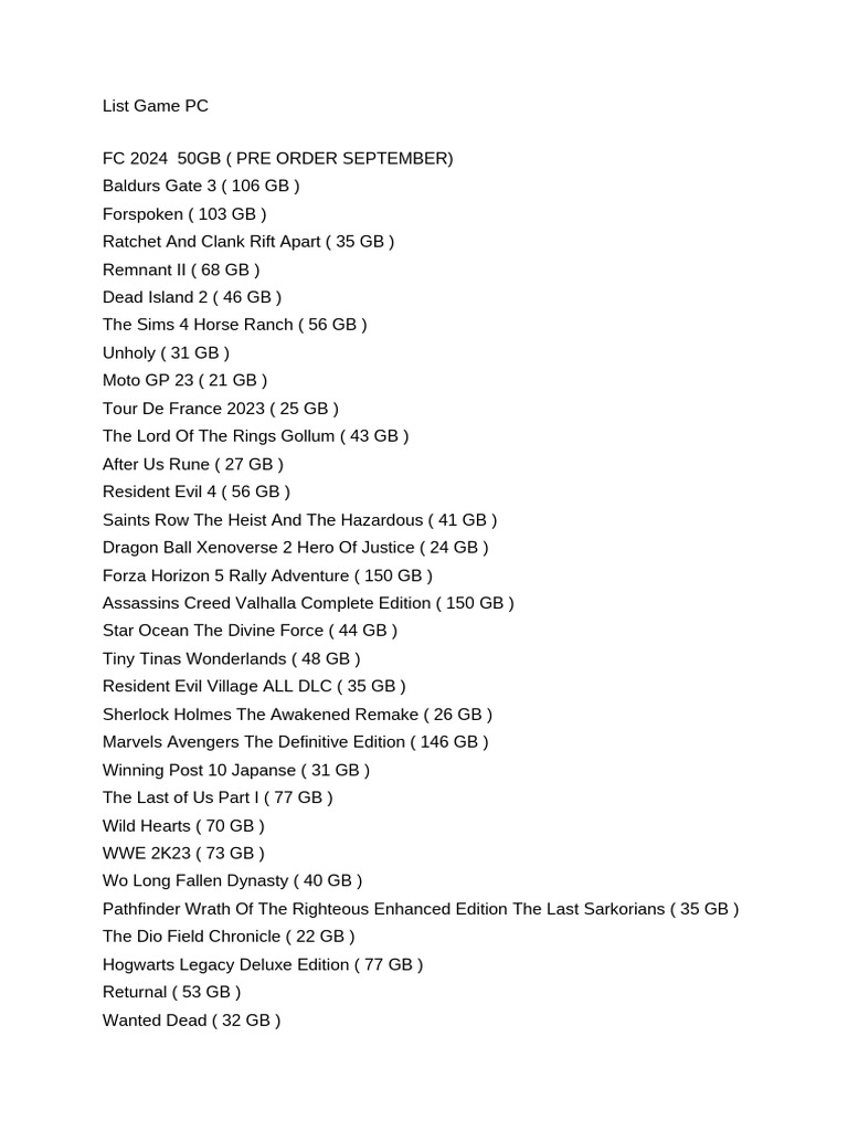Game List for Season 1 | PDF