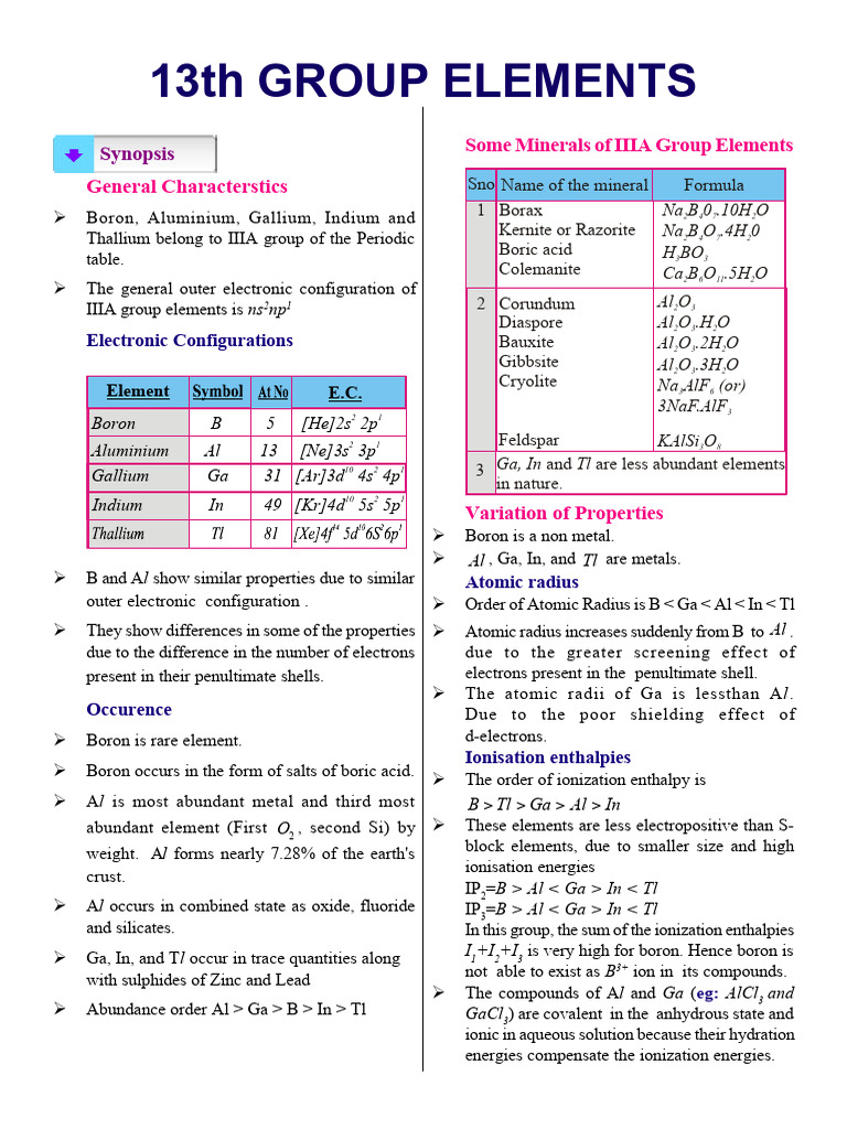S & P Block Chemistry Imp Notes GNF | PDF | Aluminium | Boron
