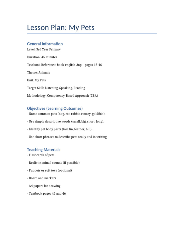 Lesson Plan: My Pets for Primary 3 | PDF