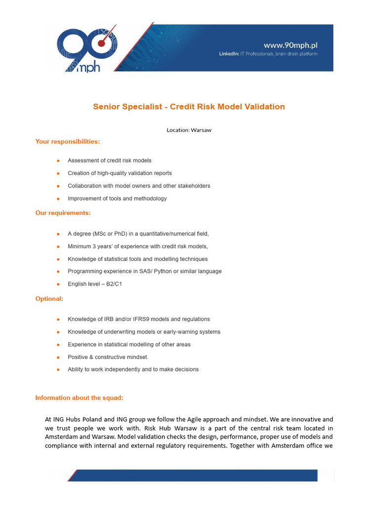 Senior Specialist - Credit Risk Model Validation - Job Description | PDF