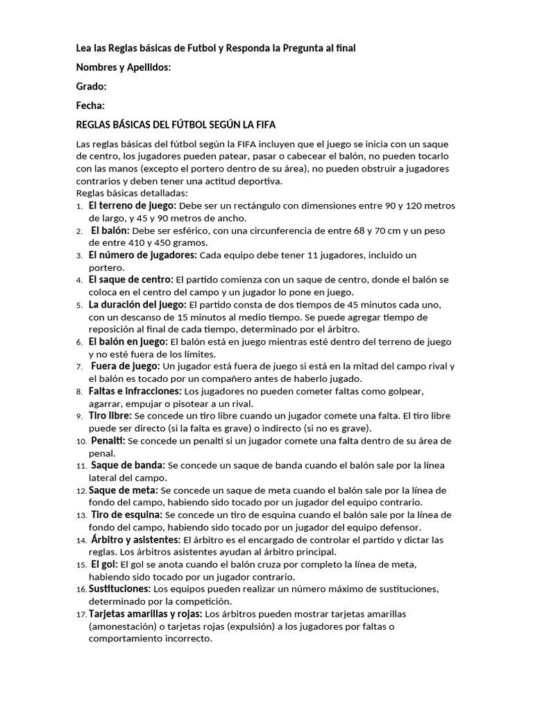 Reglas Básicas del Fútbol según FIFA | PDF | Asociación de Futbol ...