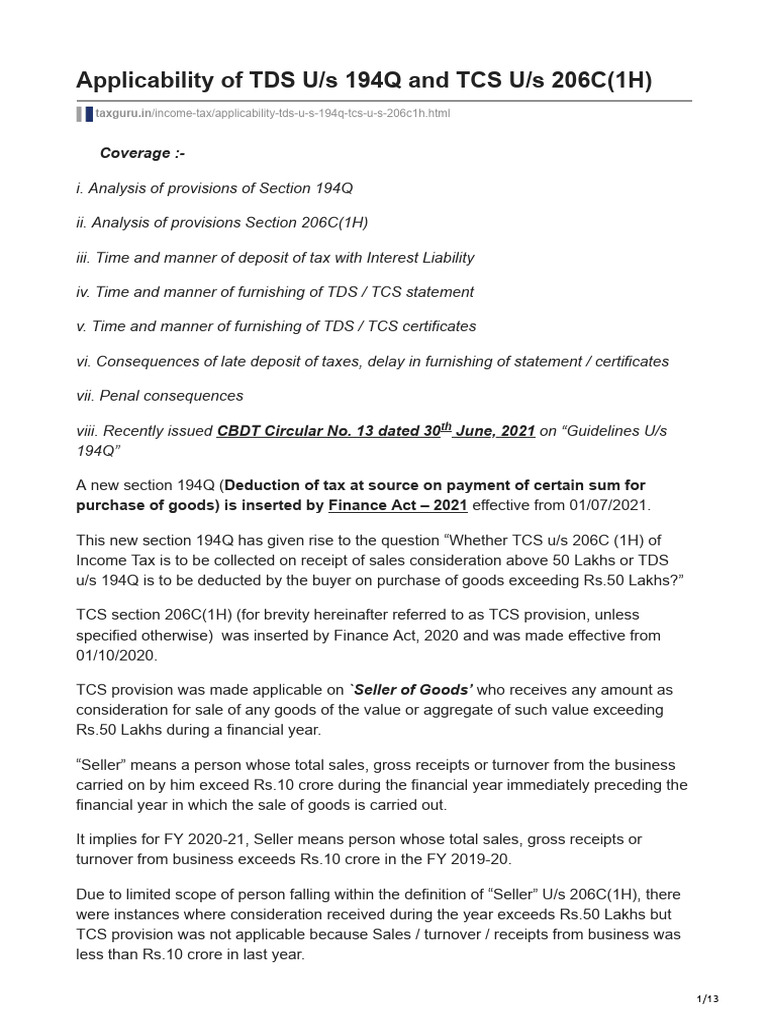 Applicability of TDS Us 194Q and TCS Us 206C1H | PDF | Taxes | Receipt