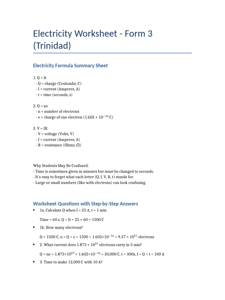 Form3 Electricity Worksheet With Answers | PDF | International System Of Units | Metrology