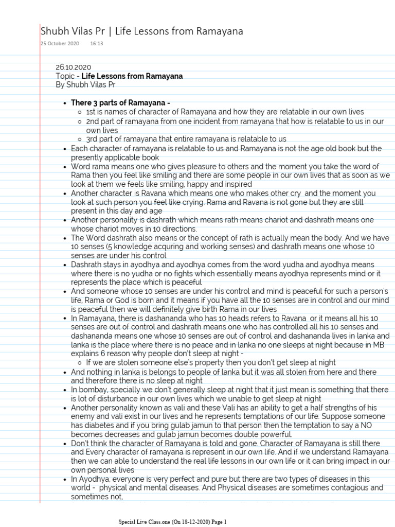 Prerana Class - Life Lesson From Ramayan - by Shubha Vilas Prrabhu | PDF | Ramayana | Rama