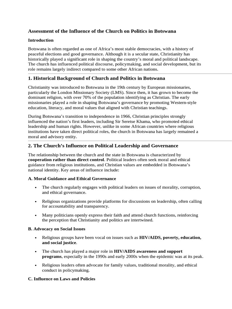 Church Influence on Botswana Politics | PDF | Governance | Secularism