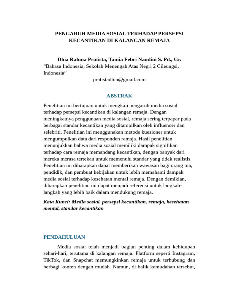 Karya Tulis Ilmiah Pengaruh Media Sosial Terhadap Persepsi Kecantikan Di Kalangan Remaja | PDF