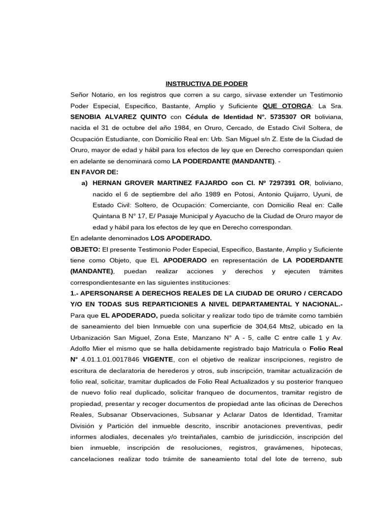 Instructiva de Poder Don Grover | PDF | Derecho Civil (Common Law) | Justicia