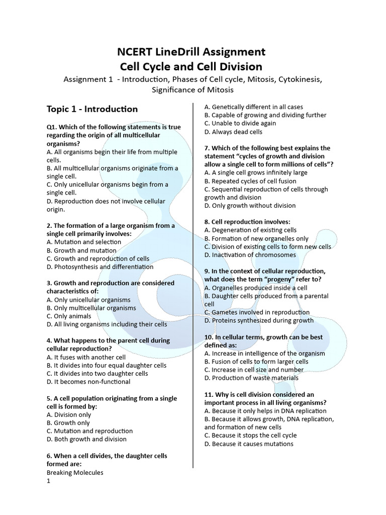 NCERT LineDrill Assignment 1 - Cell Cycle and Cell Division | PDF ...