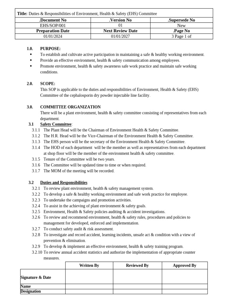 Dutities & Responsibilities of EHS Committee | PDF | Occupational ...