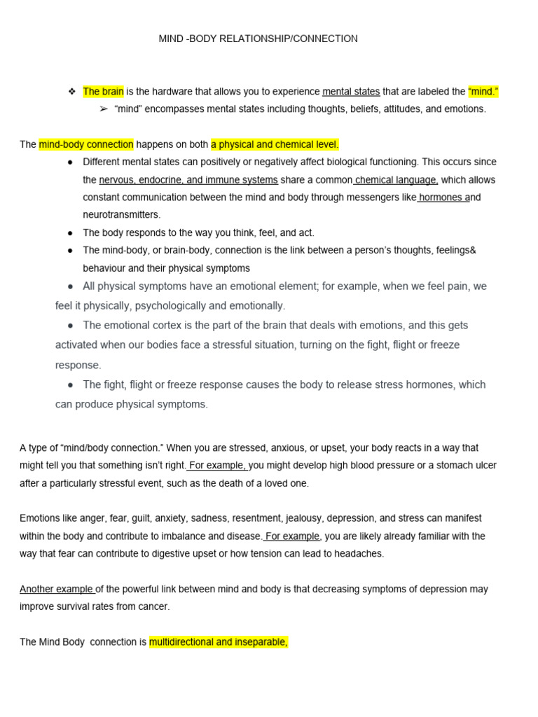 Mind - Body Relationship - Connection | PDF