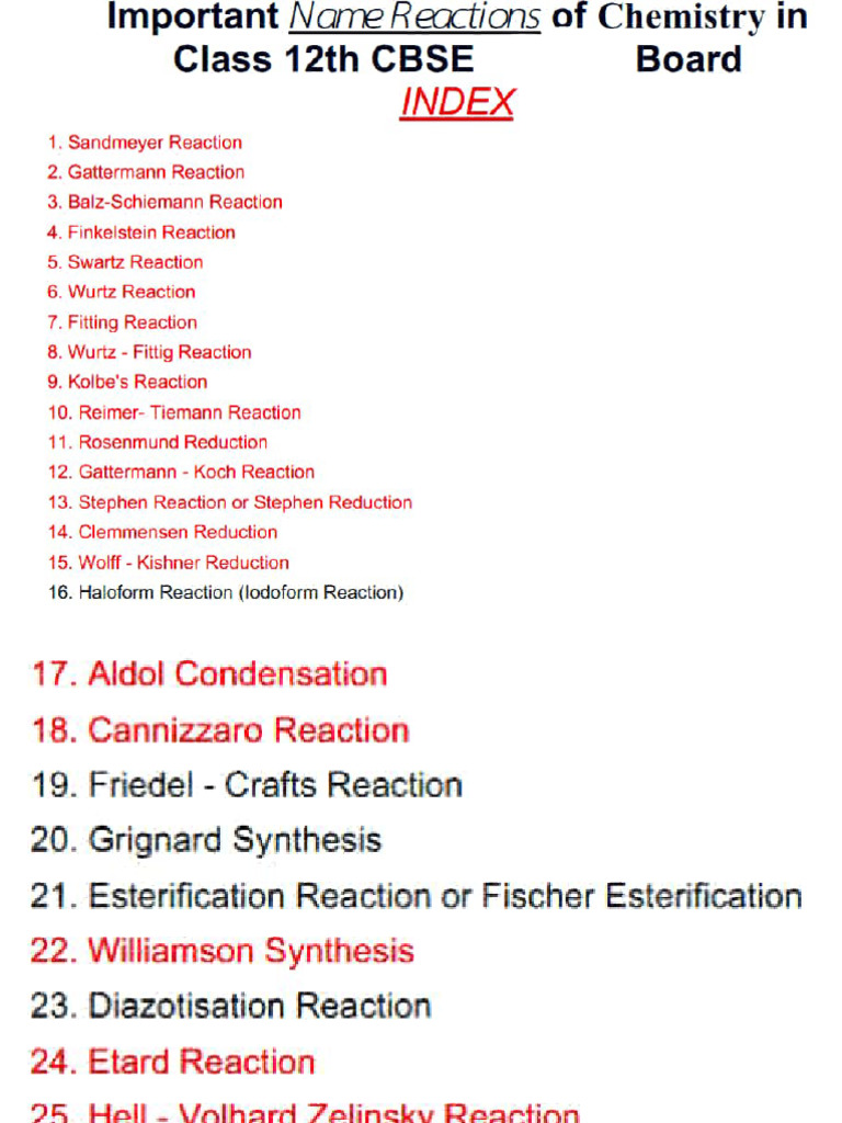 Key Name Reactions for Class 12 Chemistry | PDF