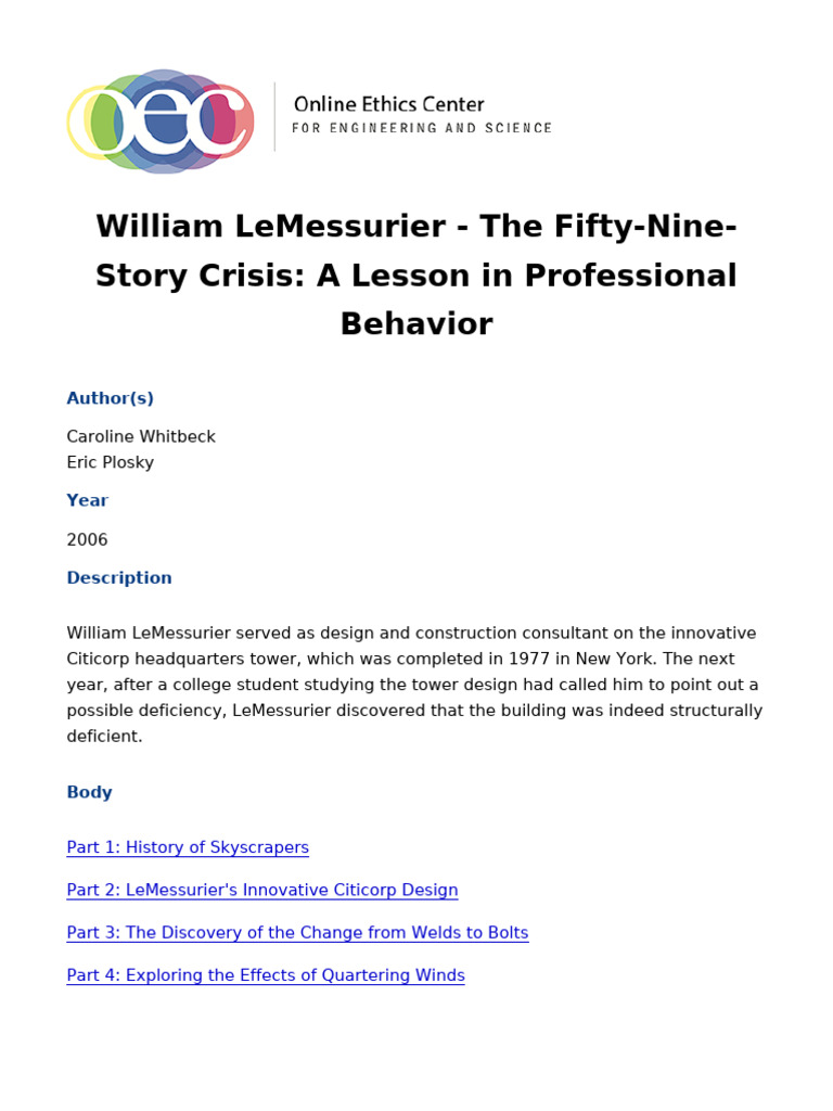 William LeMessurier The FiftyNineStory Crisis A Lesson in Professional ...