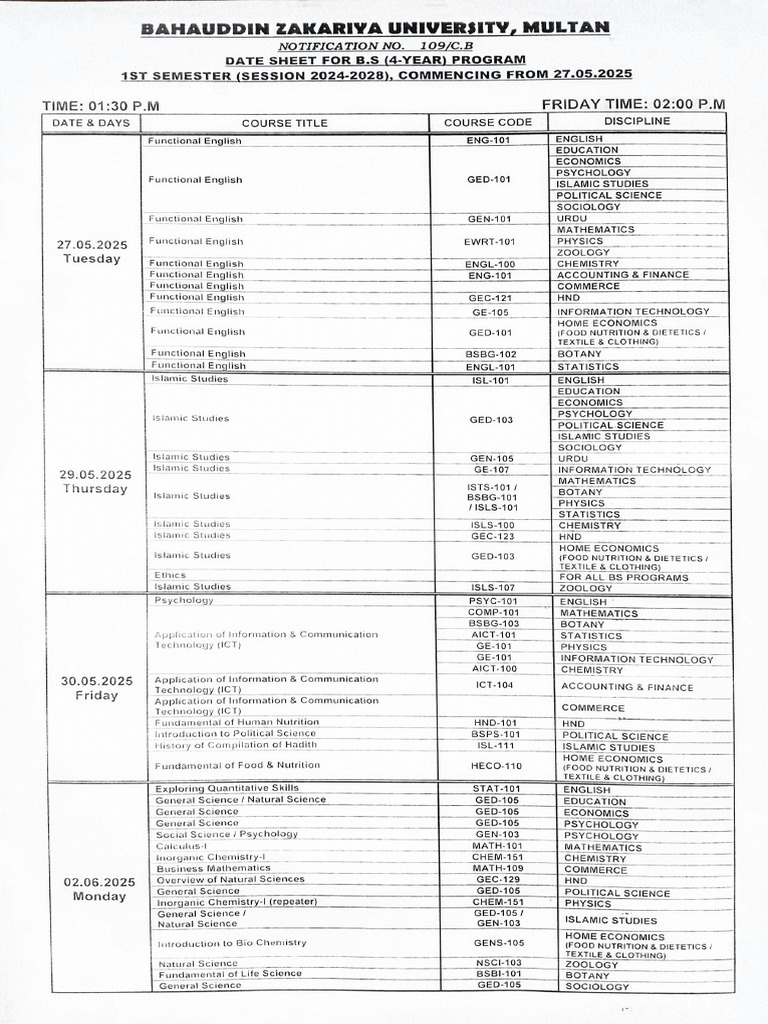 Date Sheet B-S 1st (24-28) 15-May-2025 16-15-04 | PDF