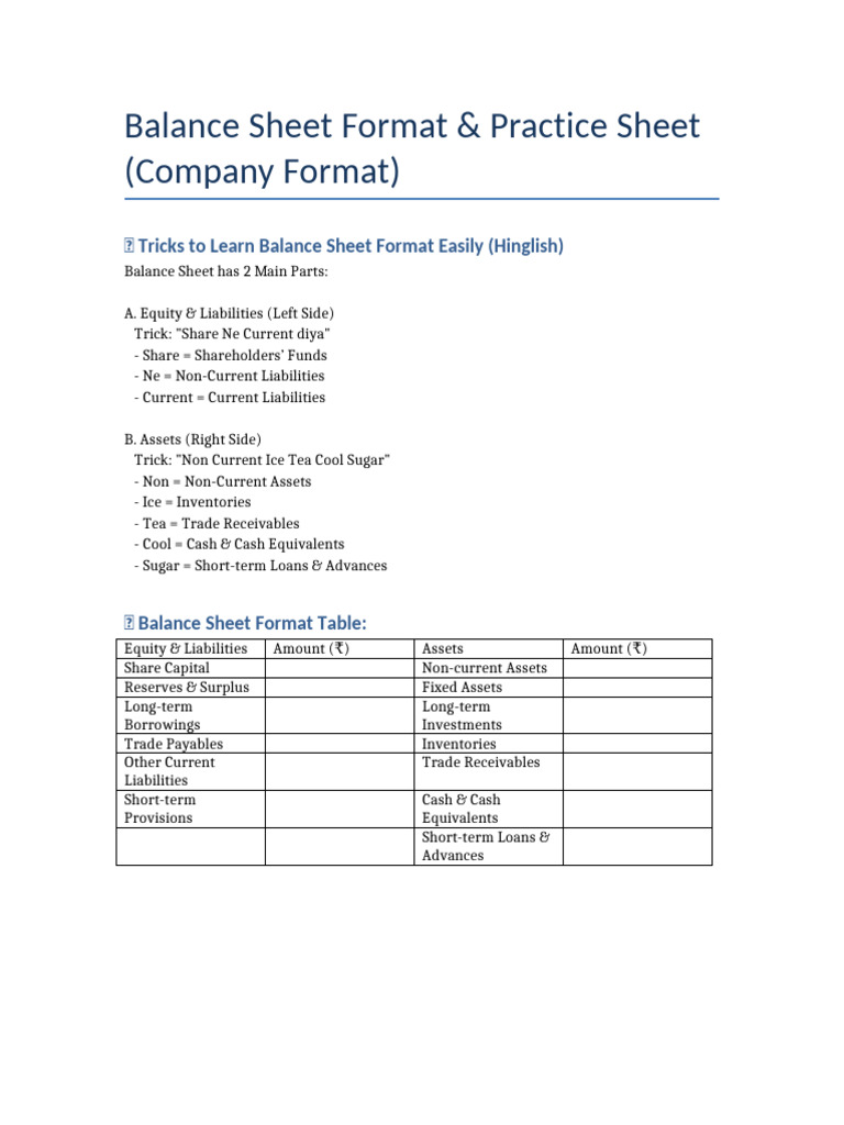Balance Sheet Practice Sheet | PDF