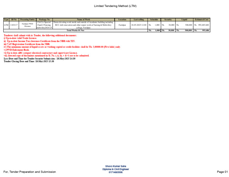 LTM - Tender Notice Details - PWD Faridpur 01nos 17.05.2025 | PDF