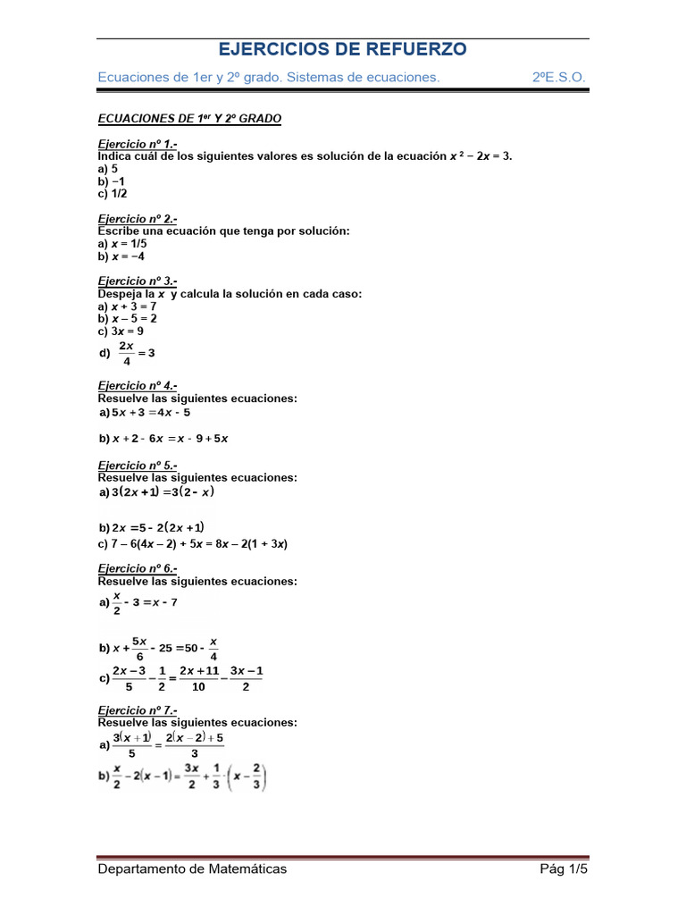U5 Ecuac Sist 2eso Ejrefuerzo | PDF | Ecuaciones | Geometría Elemental