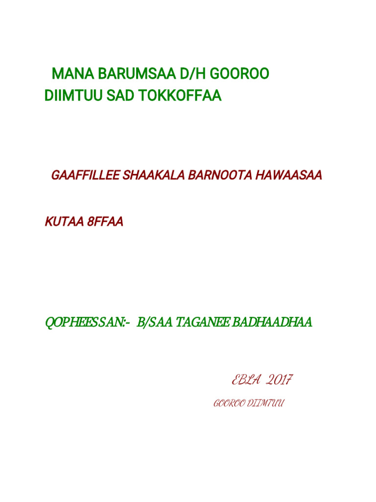 Gaaffillee Shaakala Barnoota Hawaasaa Kutaa 8fffaa | PDF