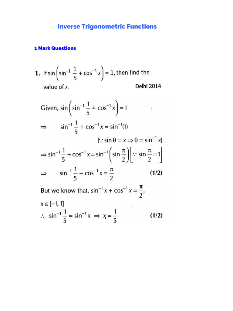Inverse Trigonometric Functions: 1 Mark Questions | PDF