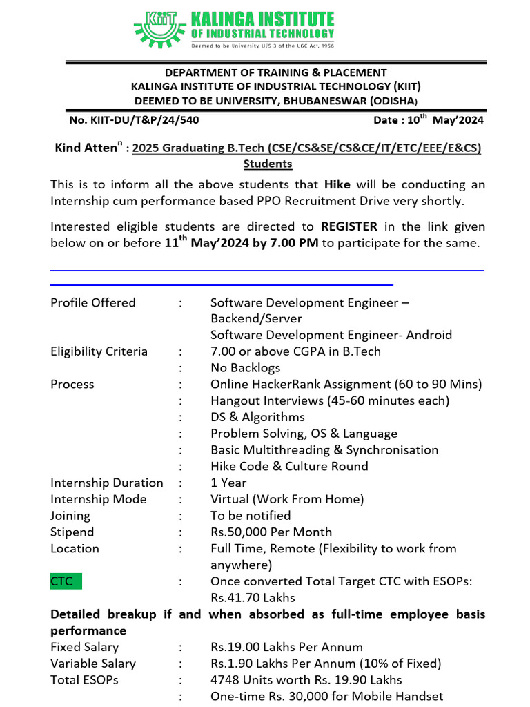 Registration For Hike Internship Cum PPO Recruitment Drive - 2025 Graduating Batch | PDF ...