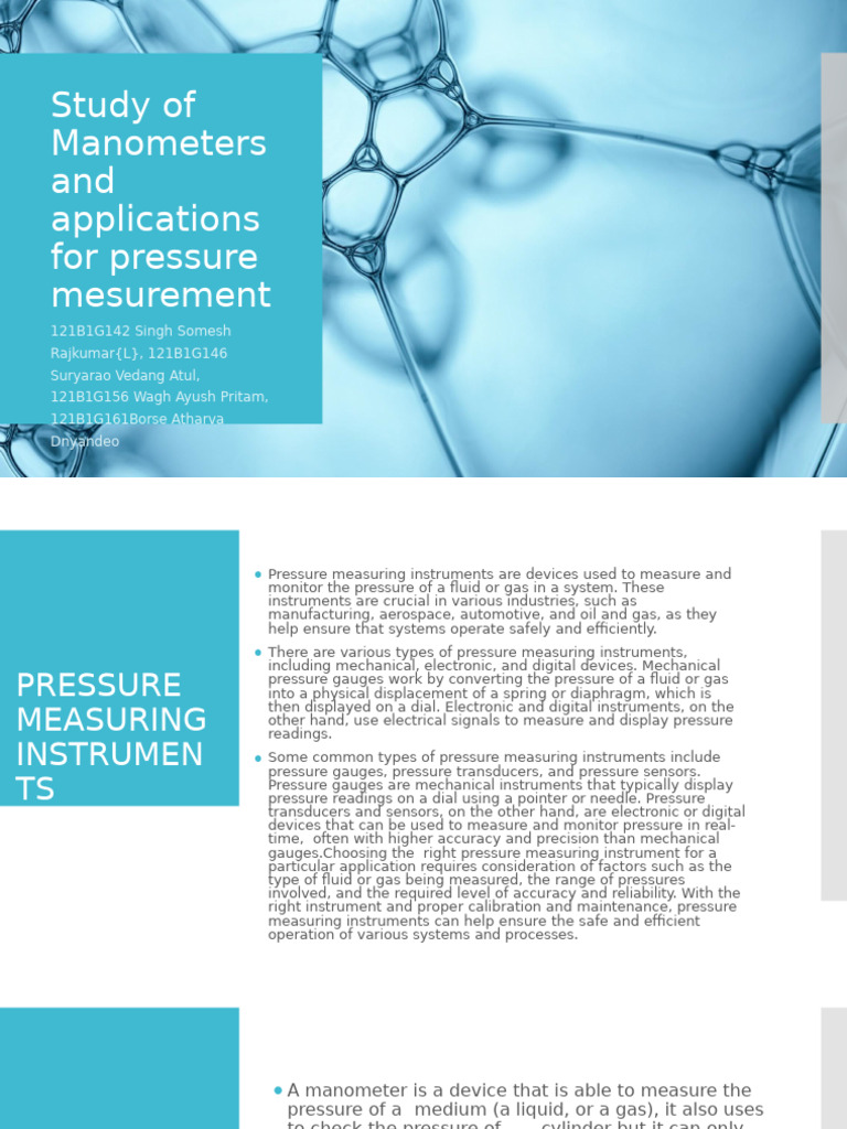 Study of Manometer Presentation For Engineering | PDF | Pressure Measurement | Pressure