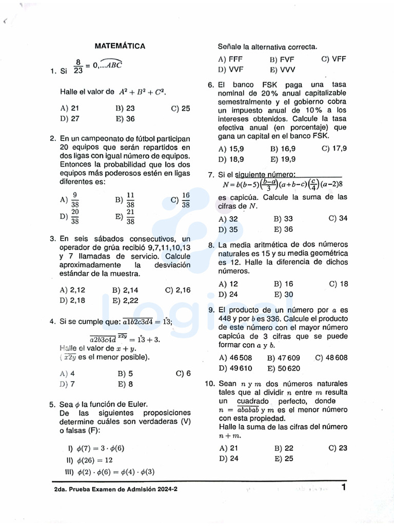 Examen UNI 2024-2 Matematica | PDF