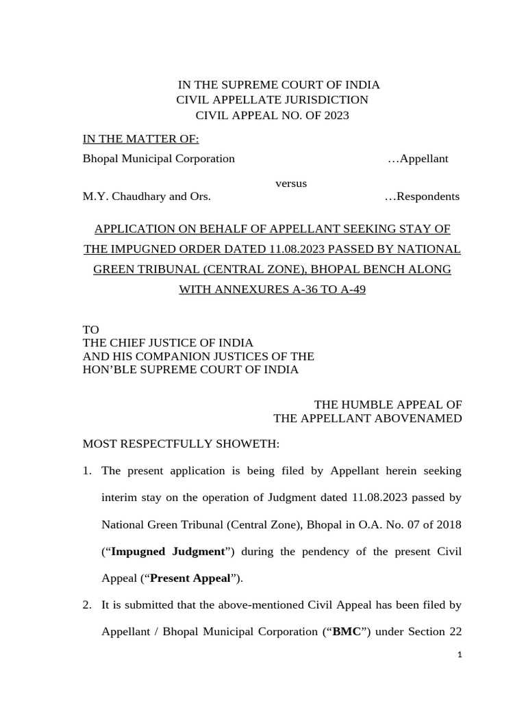 Application For Stay - BMC v. M.Y. Chaudhary (1085) | PDF | Appeal ...