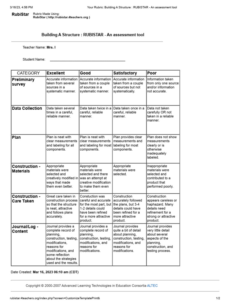 Your Rubric - Building A Structure - RUBISTAR - An Assessment Tool | PDF