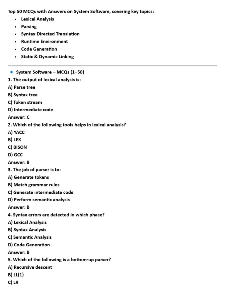 Top 50 MCQs On System Software | PDF | Parsing | Compiler