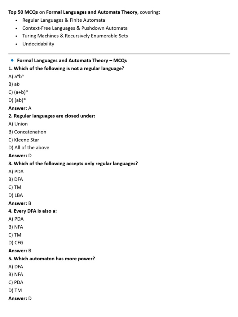 Top 50 MCQs On Formal Languages and Automata Theory | PDF | Automata Theory | Theory Of Computation