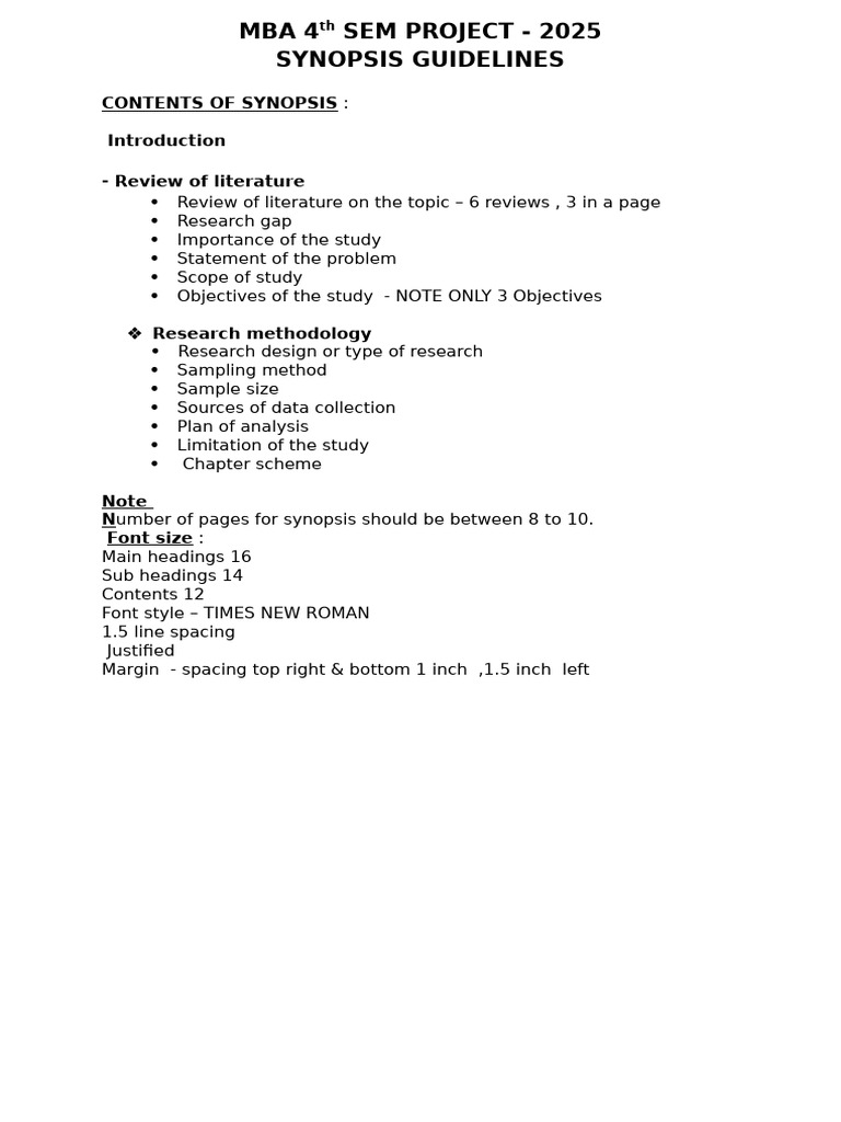 Mba Synopsis Guidelines 4th Sem 2025 | PDF
