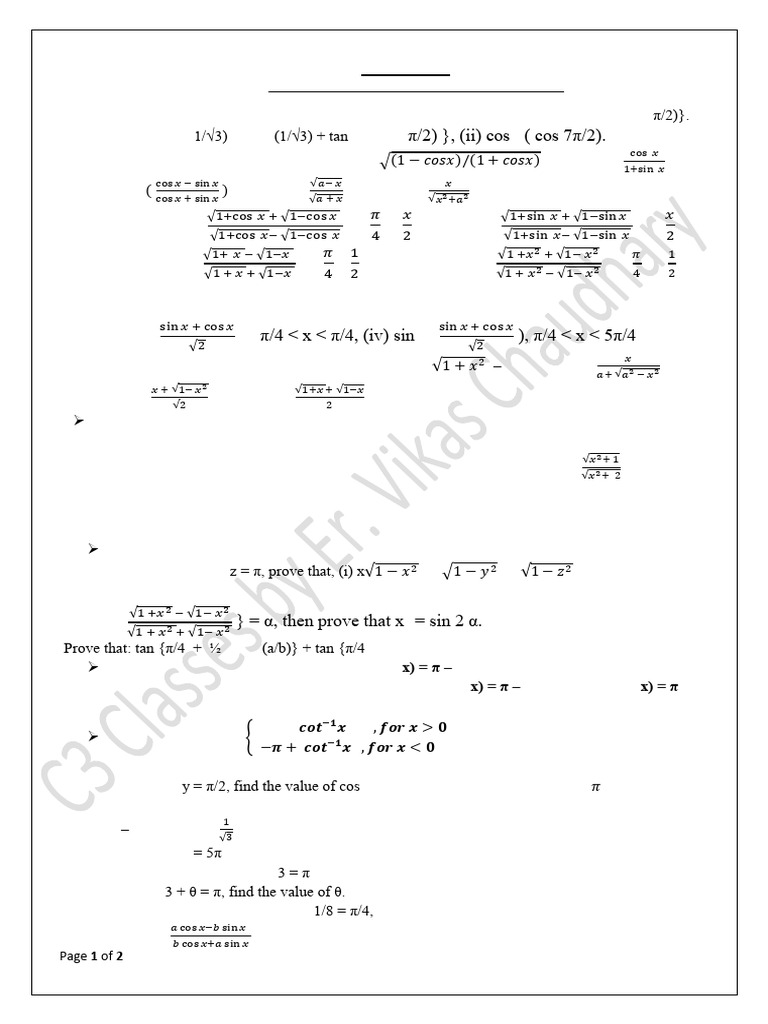 Worksheet of Ch. 2 Inverse Tri. Fun. | PDF | Trigonometric Functions ...