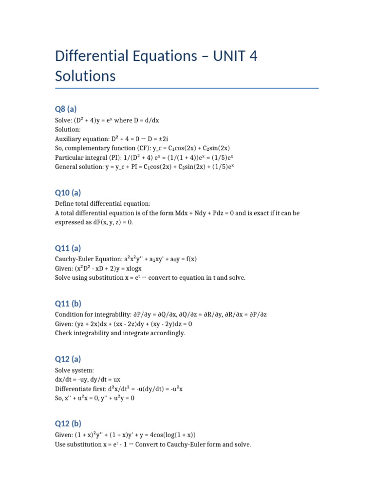 UNIT4 Differential Equations Solutions | PDF