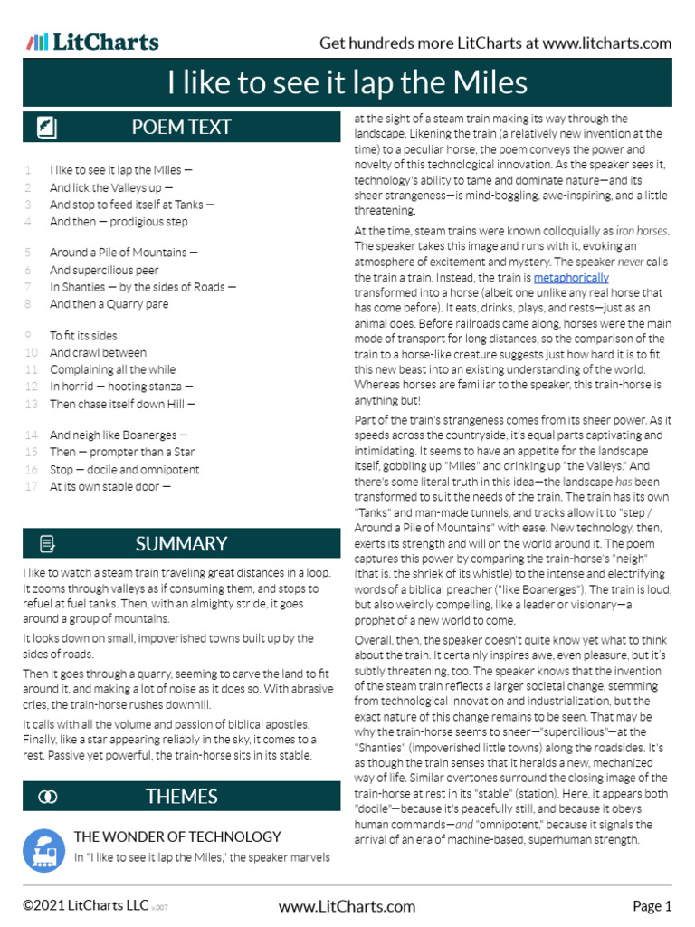 LitCharts I Like To See It Lap The Miles | PDF | Poetry | Metre (Poetry)