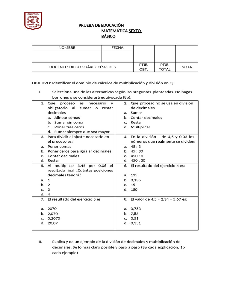 PRUEBAS FORMATIVA Sexto Operaciones DECIMALES 2020 | PDF | Aritmética | Matemática Elemental