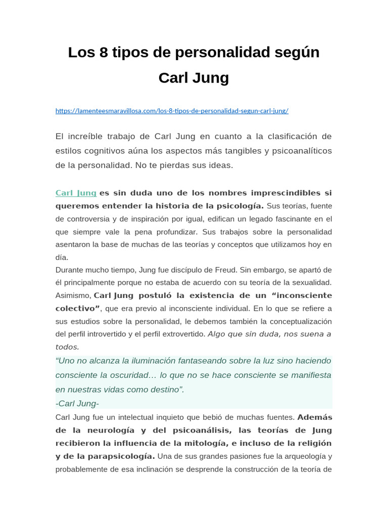 Los 8 Tipos de Personalidad Según Carl Jung | PDF | Carl Jung | Pensamiento