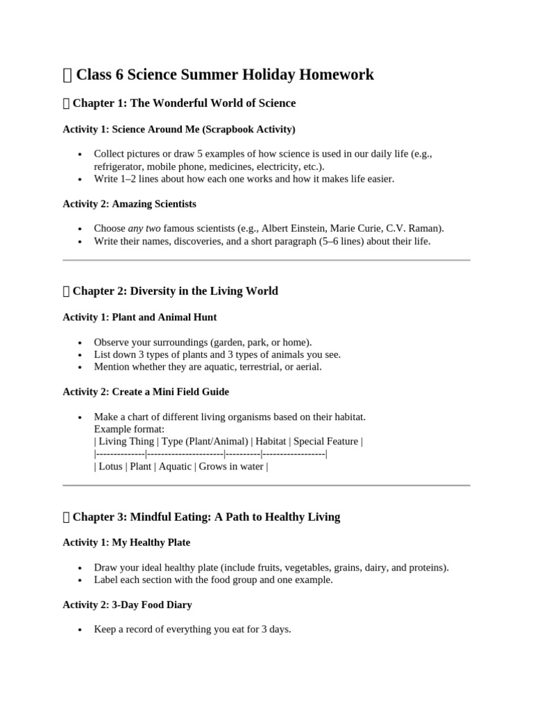 Class 6 Summer HHW | PDF