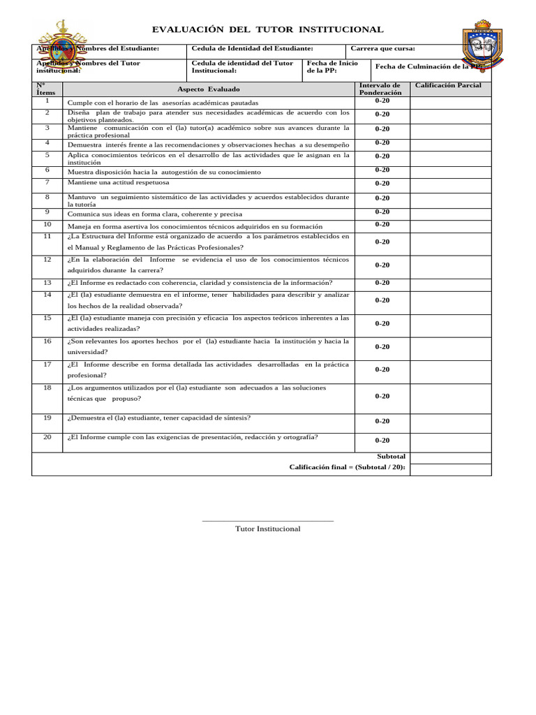 Evaluacion Del Estudiante Por El Tutor Institucional | PDF | Cognición