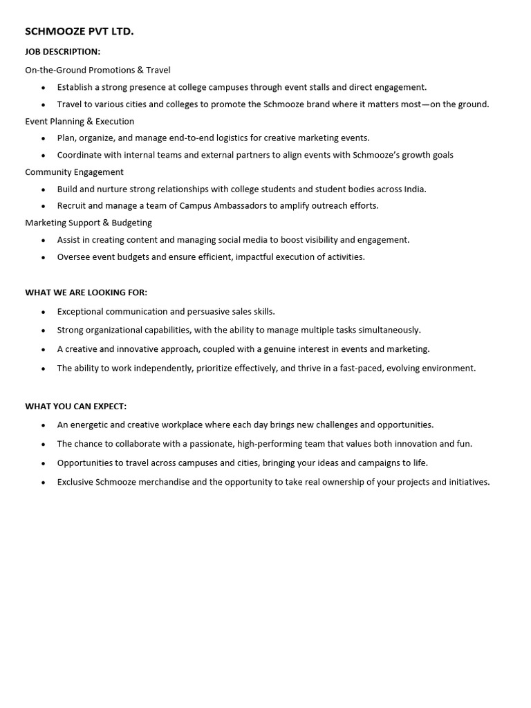 Schmooze Job Description | PDF