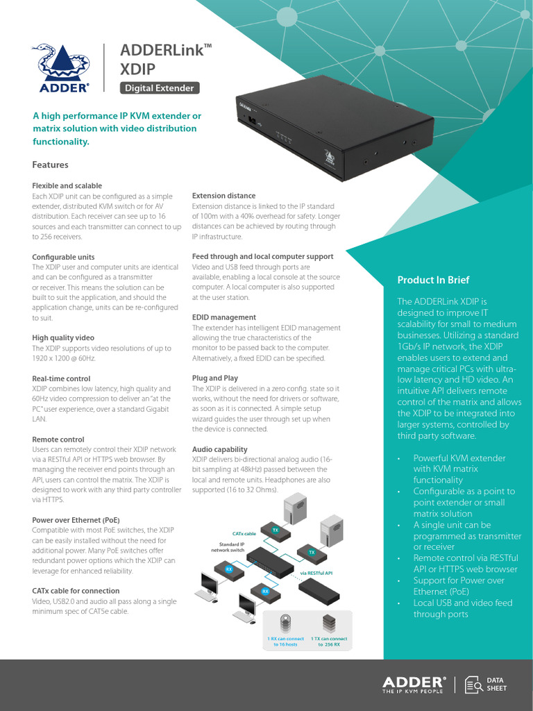 Adder Adderlink Xdip Datasheet | PDF | Usb | Hdmi